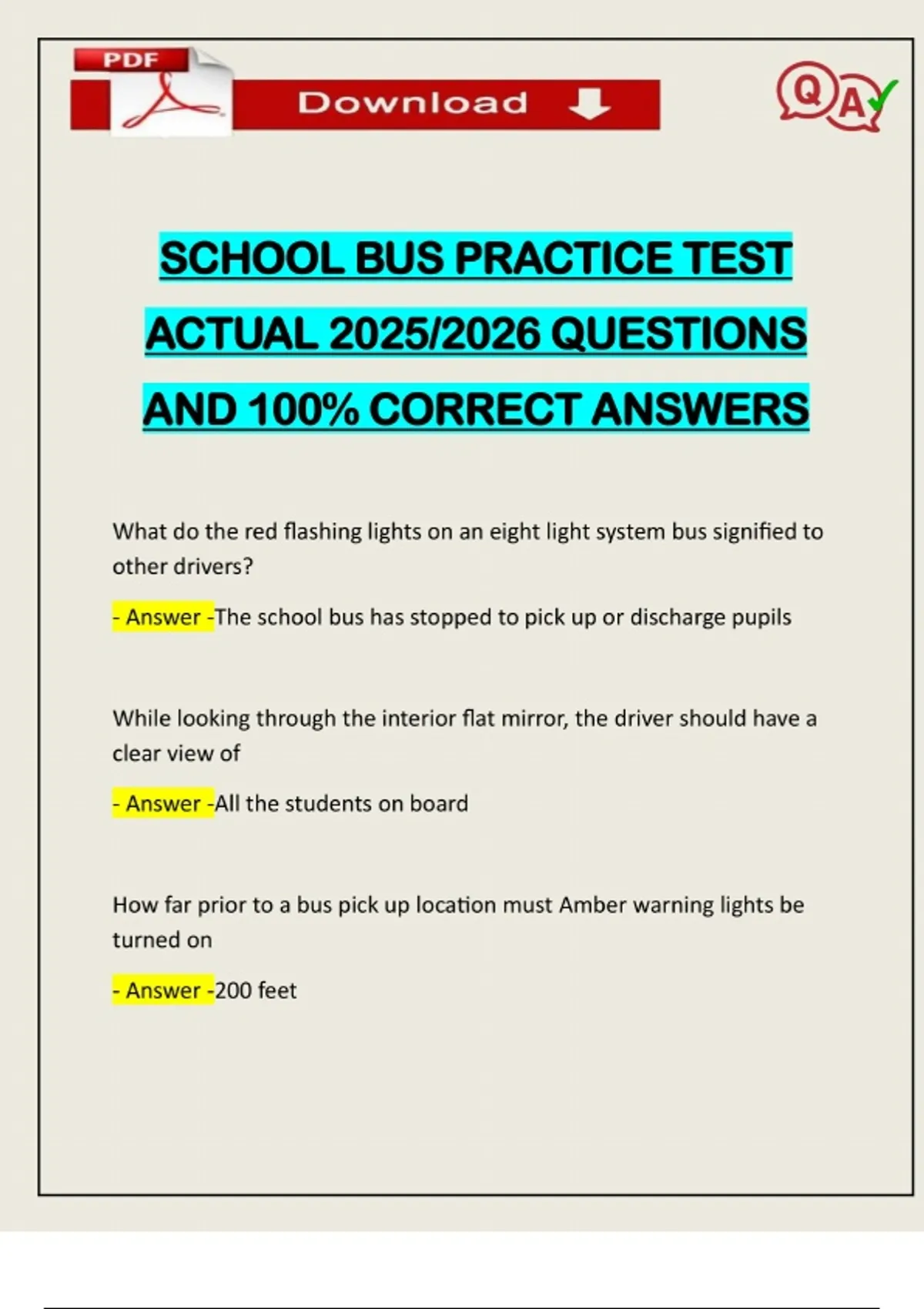 SCHOOL BUS PRACTICE TEST ACTUAL 2025/2026 QUESTIONS AND 100% CORRECT ...