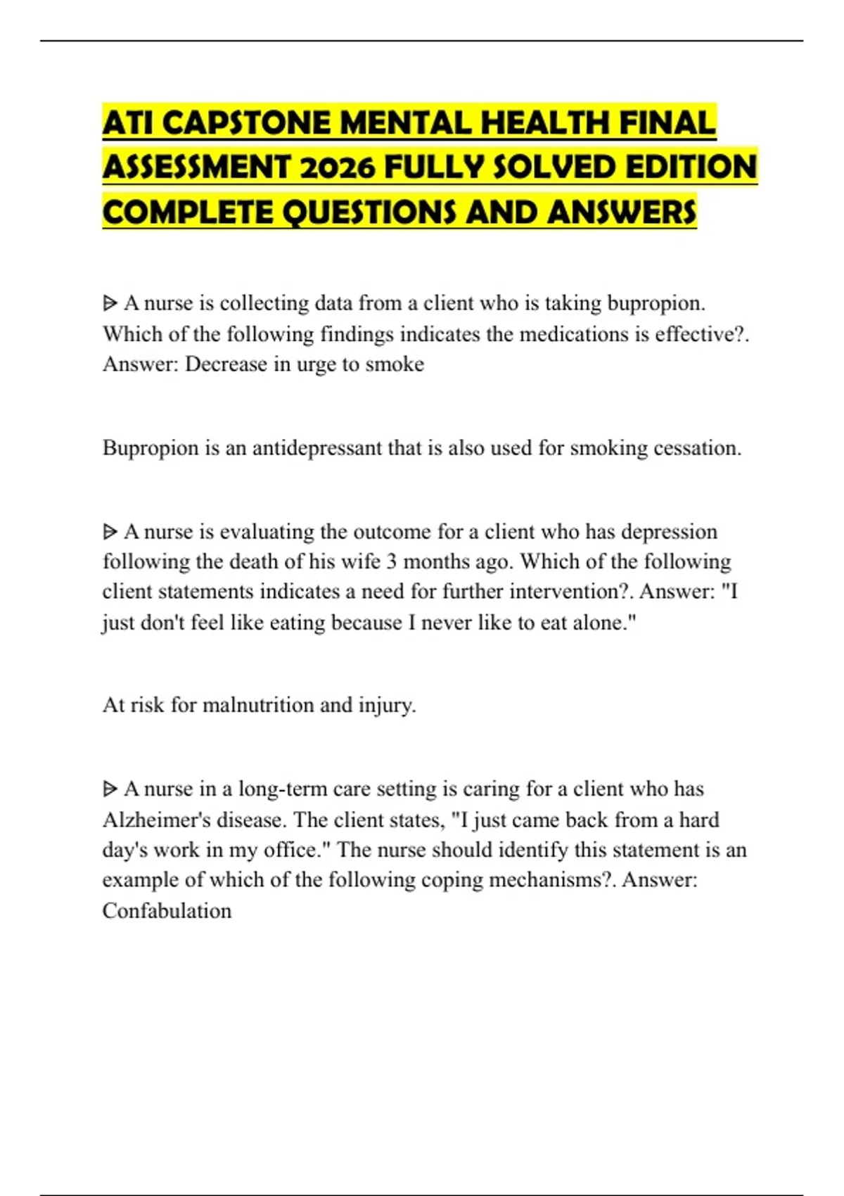 ATI CAPSTONE MENTAL HEALTH FINAL ASSESSMENT 2026 FULLY SOLVED EDITION ...