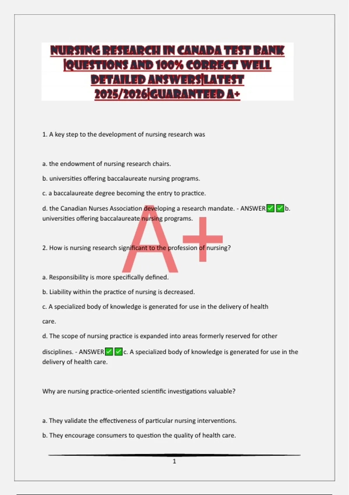 NURSING RESEARCH IN CANADA TEST BANK |QUESTIONS AND 100% CORRECT WELL ...