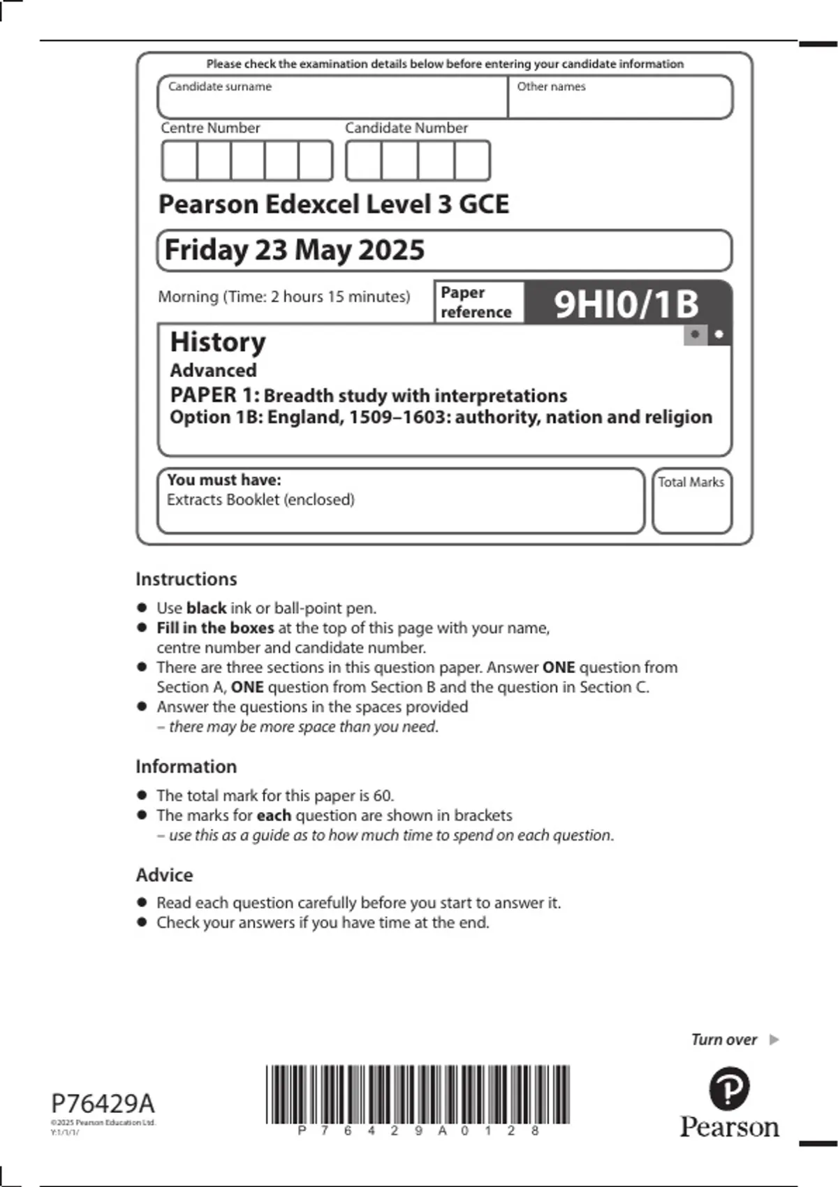 Bundle 2025 Pearson Edexcel A Level History Paper 1 Question Paper and ...