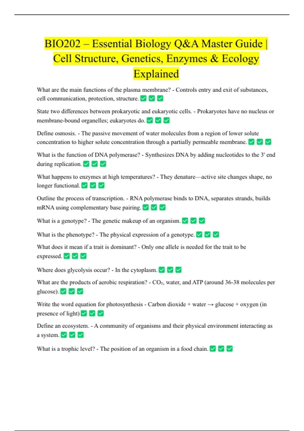 BIO202 – Essential Biology Q&A Master Guide | Cell Structure, Genetics ...