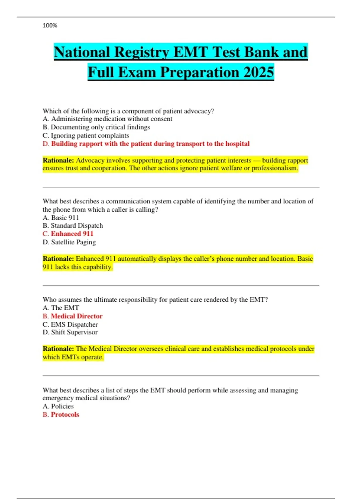 National Registry EMT Test Bank and Full Exam Preparation 2025 ...