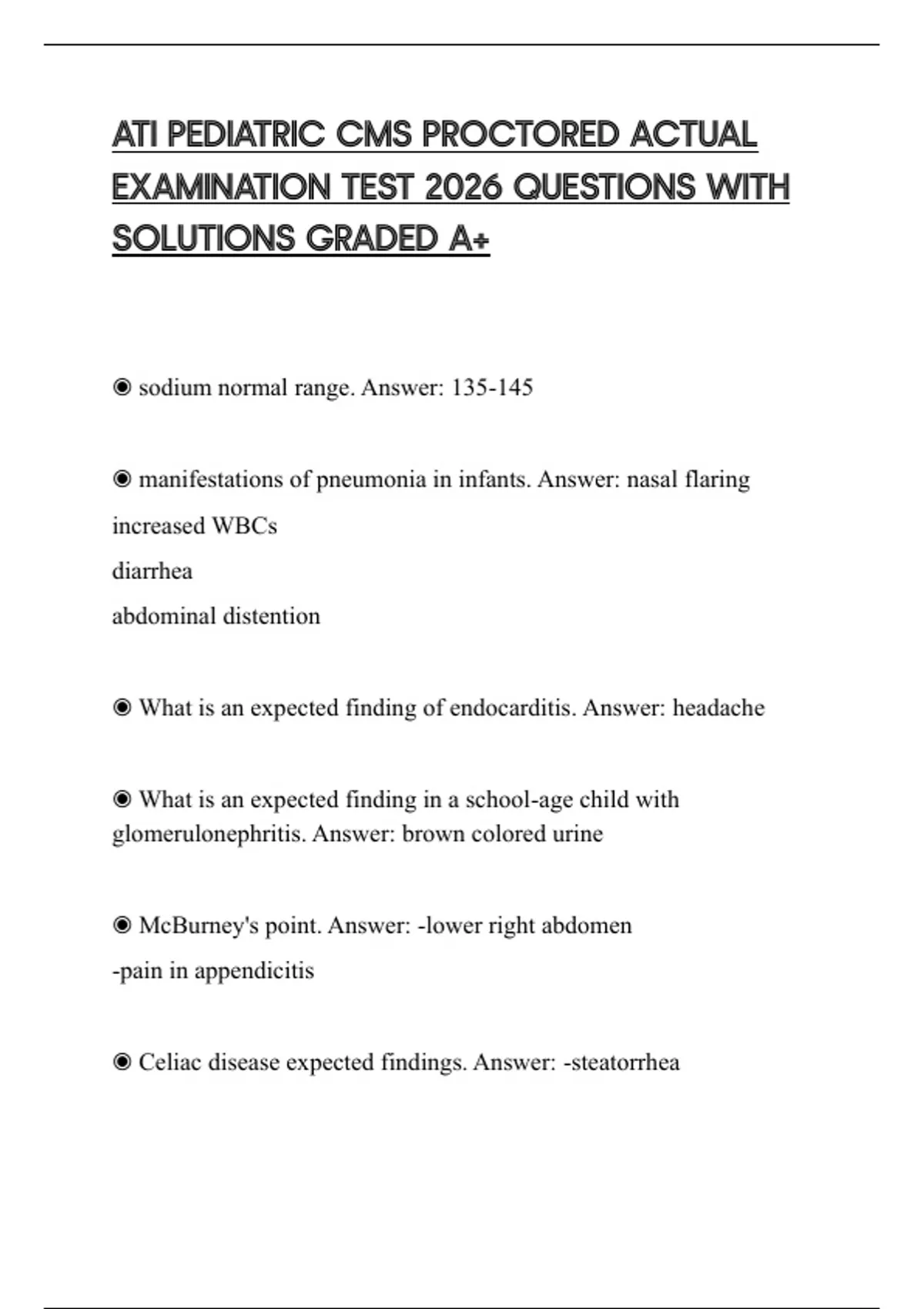 ATI PEDIATRIC CMS PROCTORED ACTUAL EXAMINATION TEST 2026 QUESTIONS WITH ...
