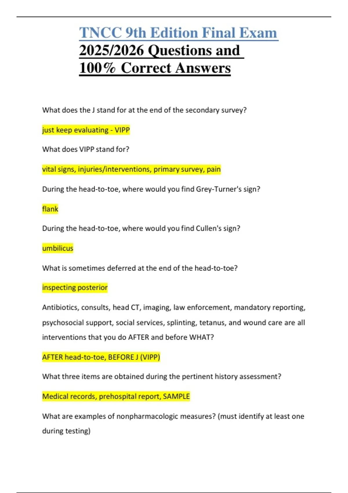 TNCC 9th Edition Final Exam 2025/2026 Questions and 100% Correct ...