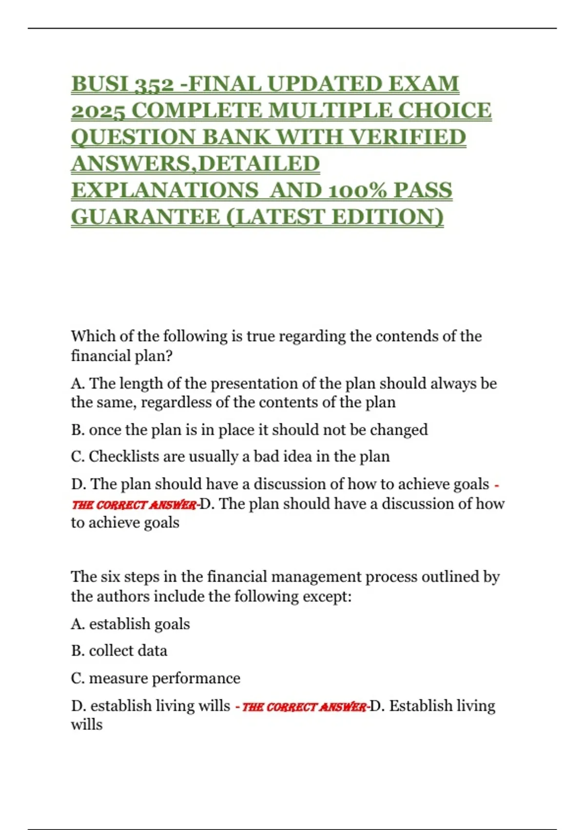 BUSI 352 -FINAL UPDATED EXAM 2025 COMPLETE MULTIPLE CHOICE QUESTION ...
