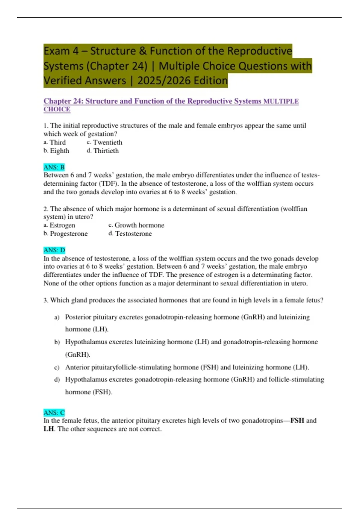 Exam 4 – Structure & Function of the Reproductive Systems (Chapter 24 ...