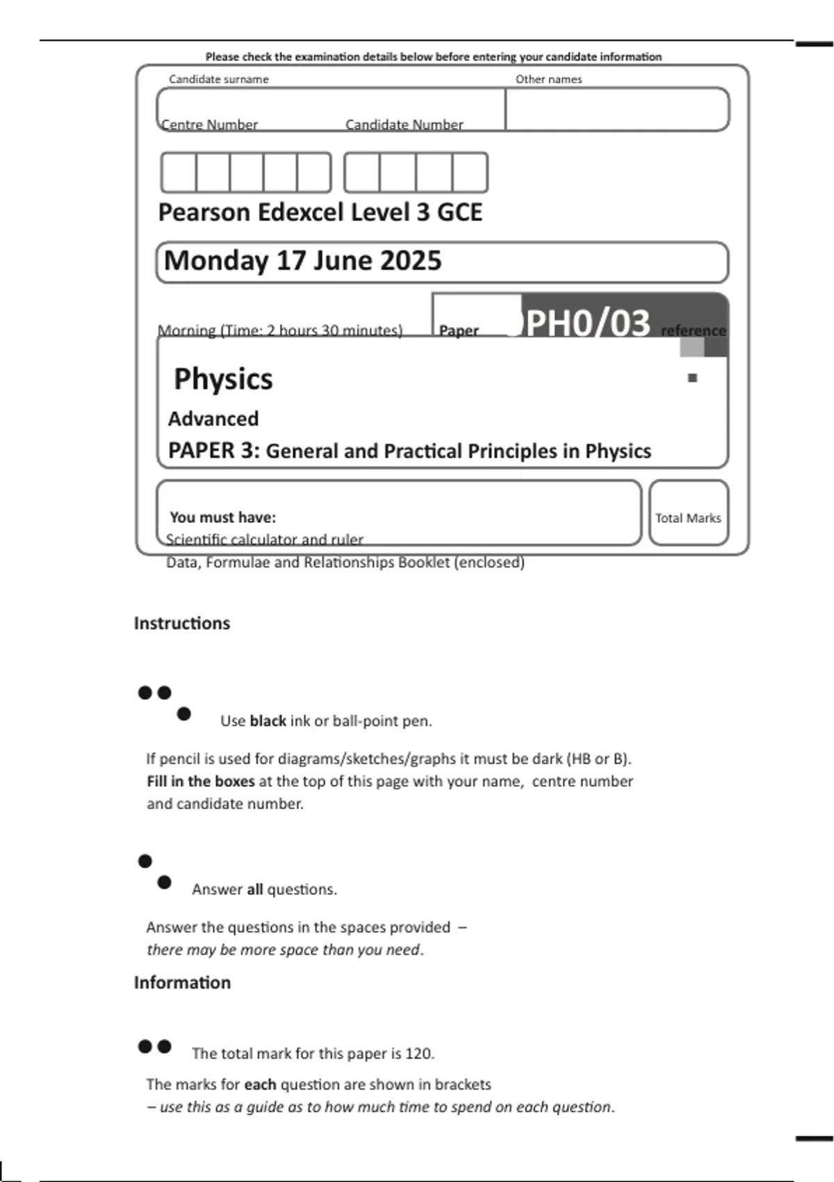 Edexcel A Level Physics Paper 3 (9PH0/03) | 18 June 2025 | Question Paper & Mark Scheme ...