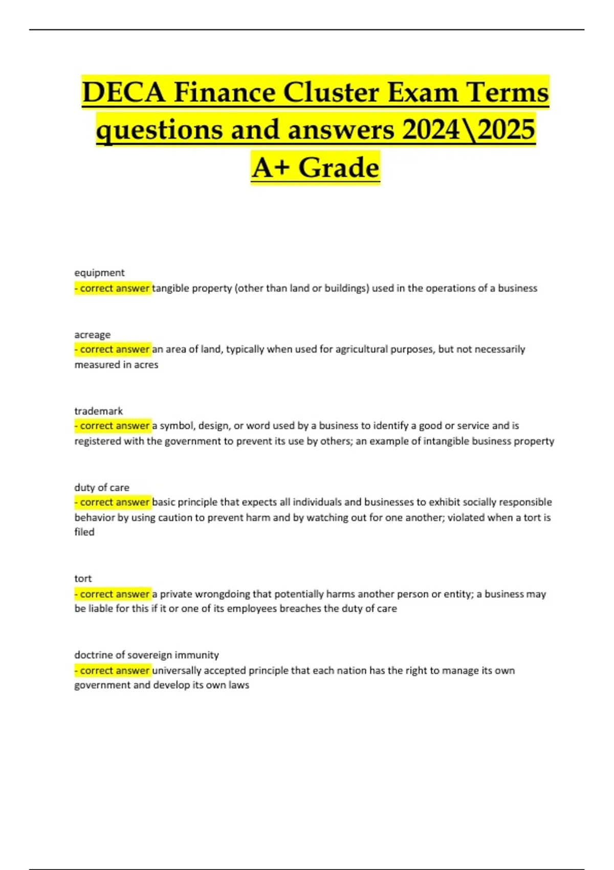 DECA Finance Cluster Exam Terms – Answered Correctly (Verified Actual ...