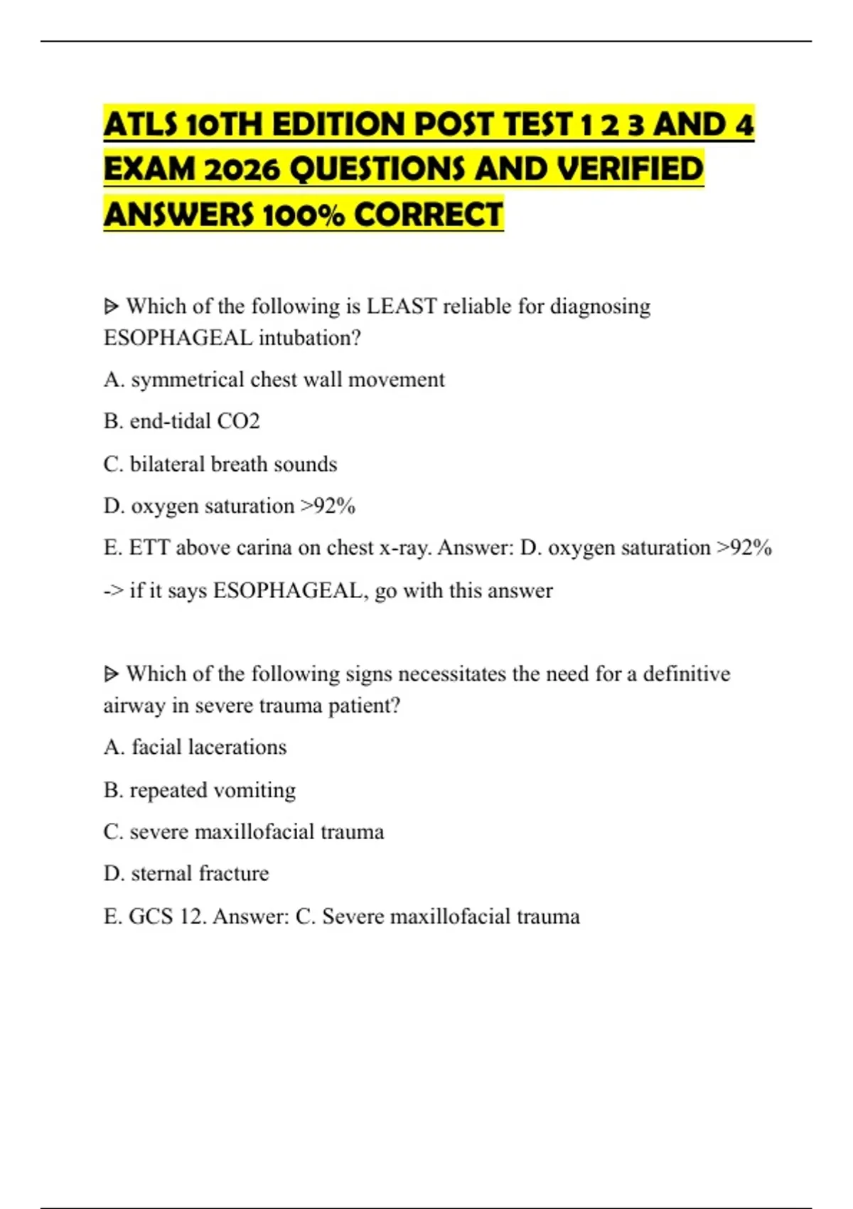 ATLS 10TH EDITION POST TEST 1 2 3 AND 4 EXAM 2026 QUESTIONS AND ...