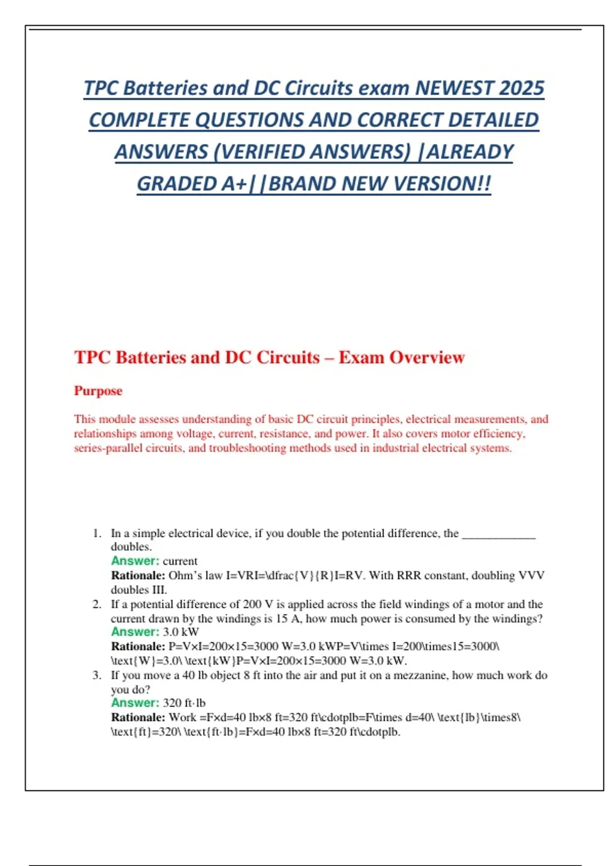 TPC – Batteries and DC Circuits Exam (2025) | Electrical Fundamentals ...