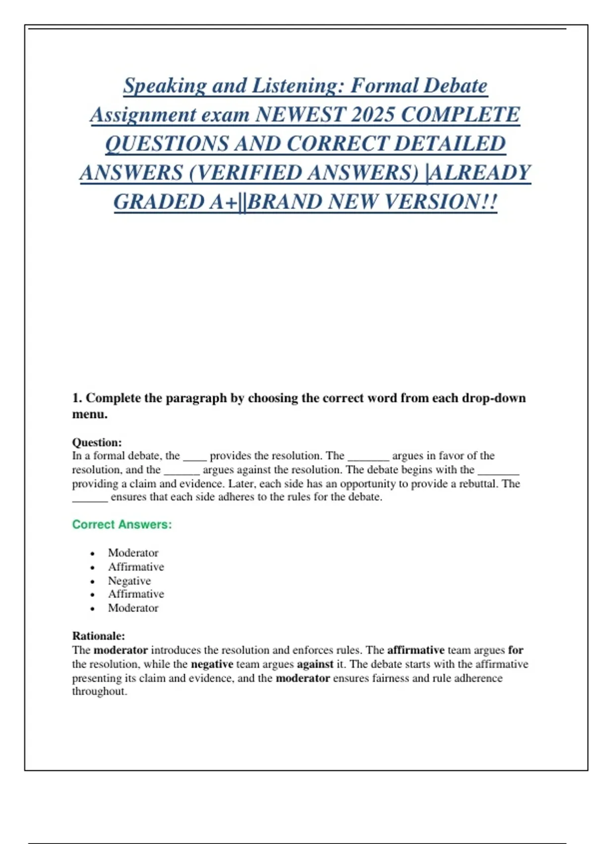 Speaking and Listening: Formal Debate Assignment Exam (2025) | English Communication ...
