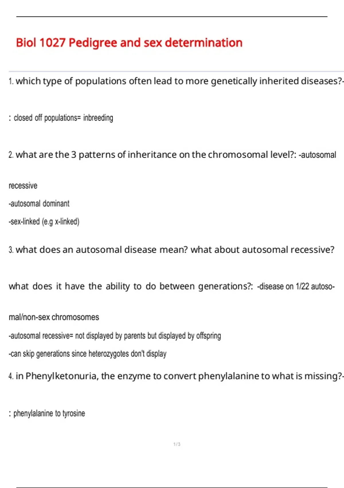 Biol 1027 Pedigree And Sex Determination Questions And Answers 100