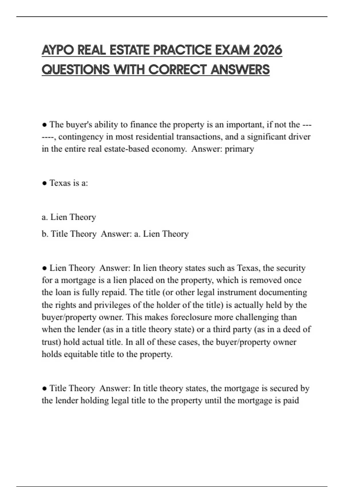 AYPO REAL ESTATE PRACTICE EXAM 2026 QUESTIONS WITH CORRECT ANSWERS ...