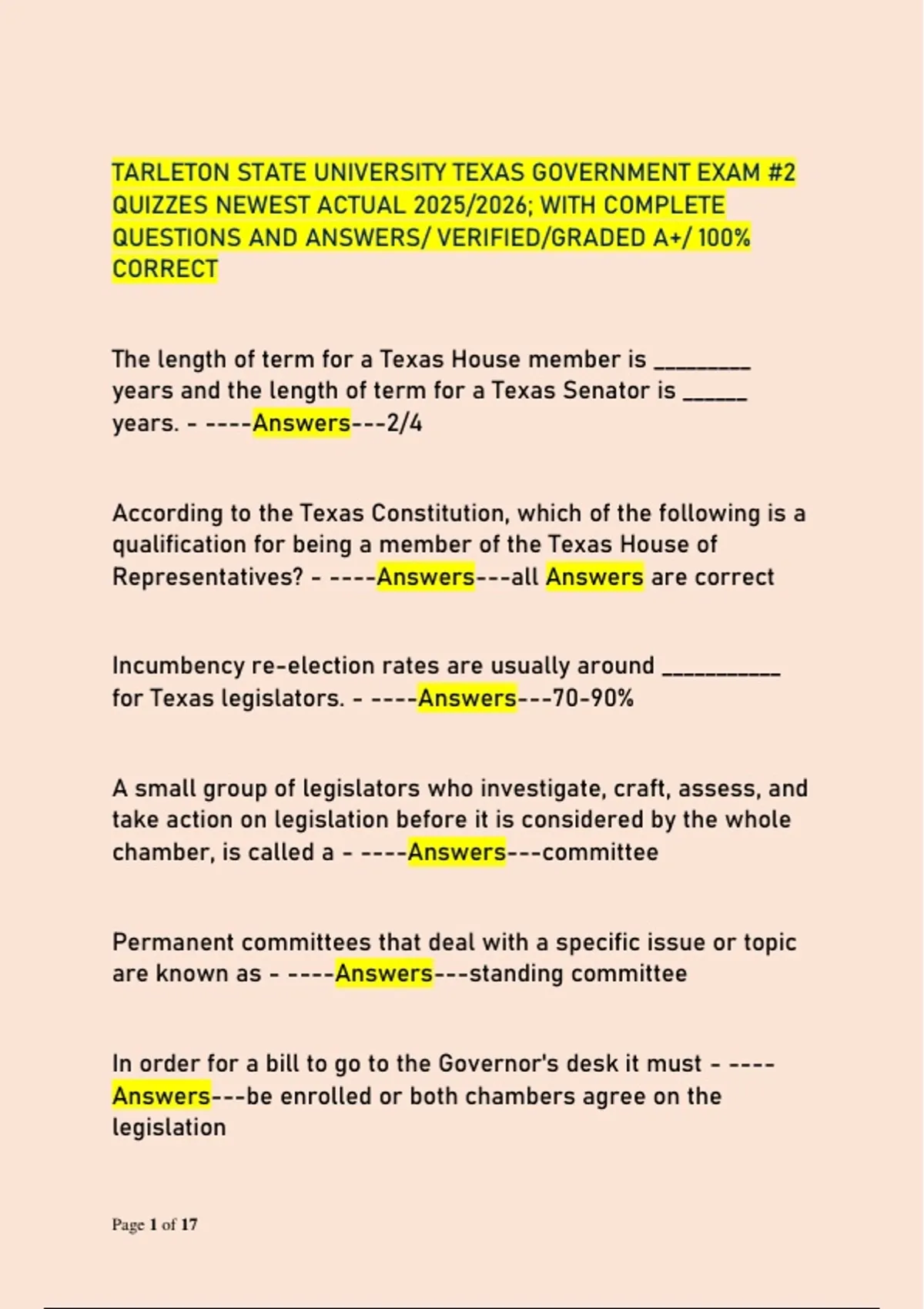 TARLETON STATE UNIVERSITY TEXAS GOVERNMENT EXAM #2 QUIZZES NEWEST ...