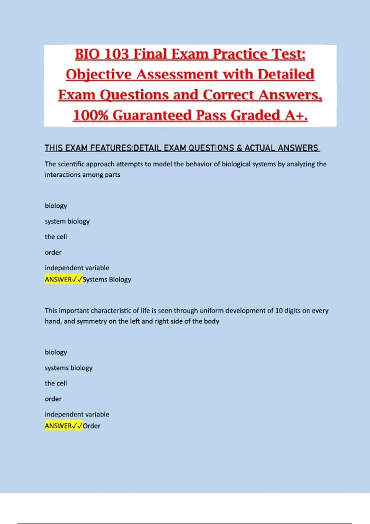 BIO 103 – Final Exam Practice Test | Objective Assessment with Detailed ...