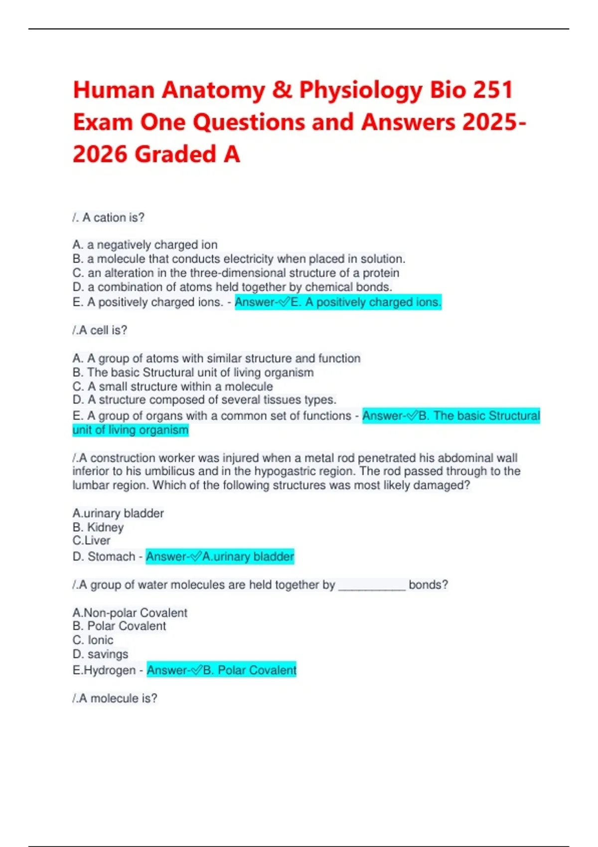 Human Anatomy & Physiology Bio 251 Exam One Questions and Answers ...