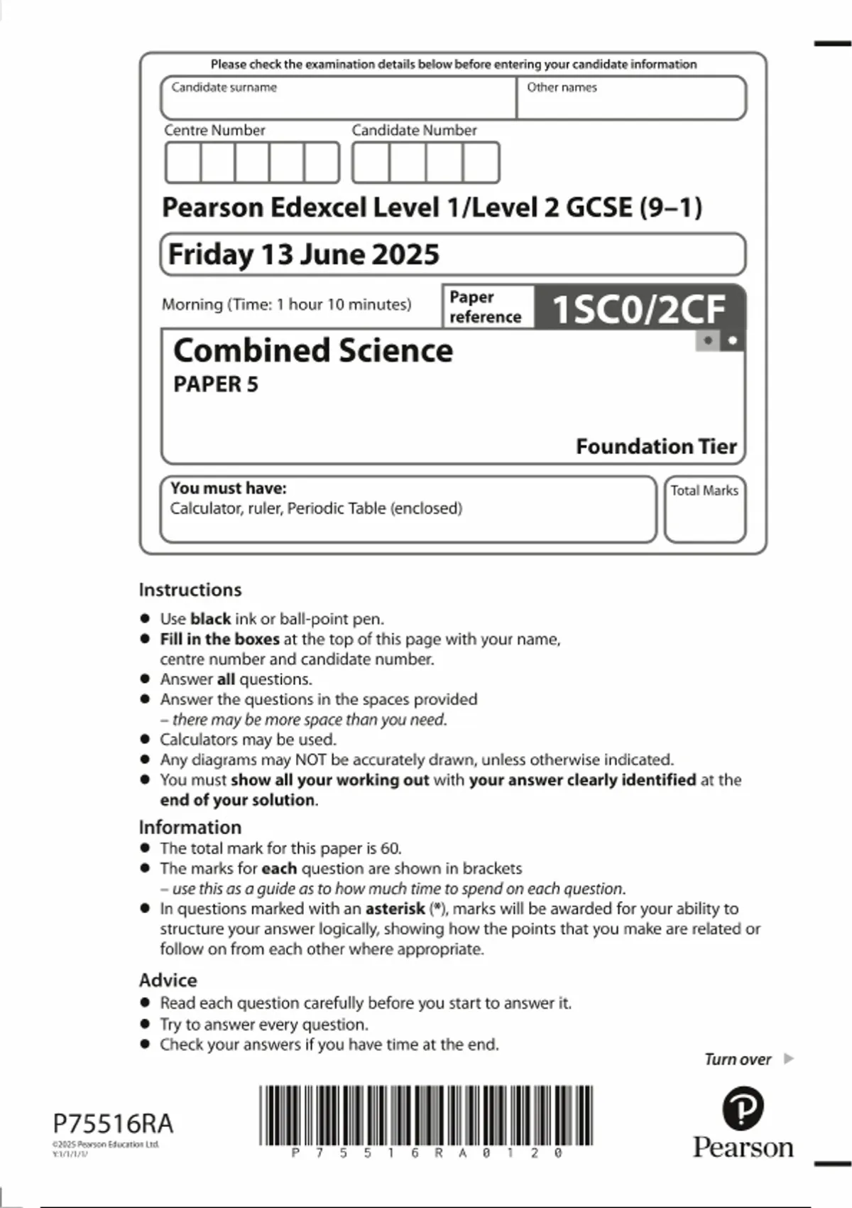 PEARSON EDEXCEL GCSE COMBINED SCIENCE CHEMISTRY PAPER 2F QUESTION PAPER ...