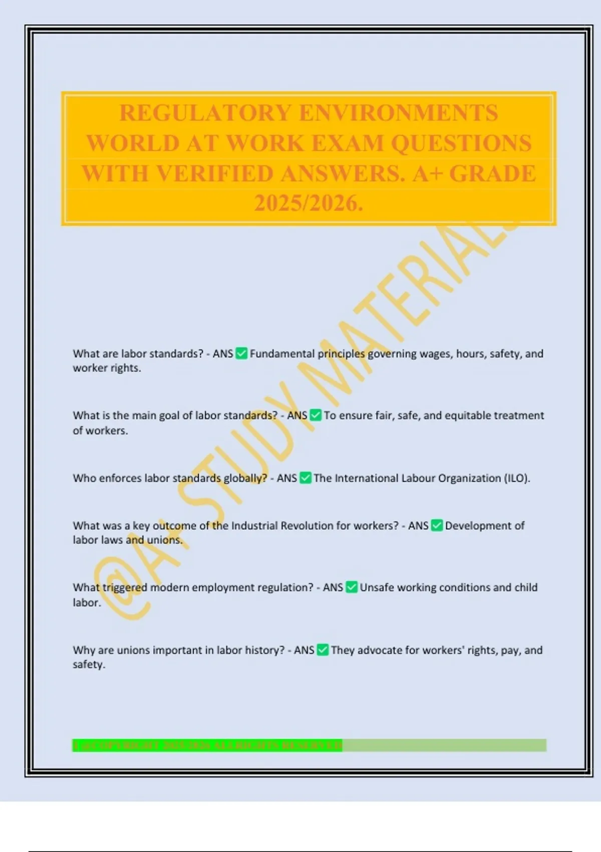 REGULATORY ENVIRONMENTS WORLD AT WORK EXAM QUESTIONS WITH VERIFIED ...