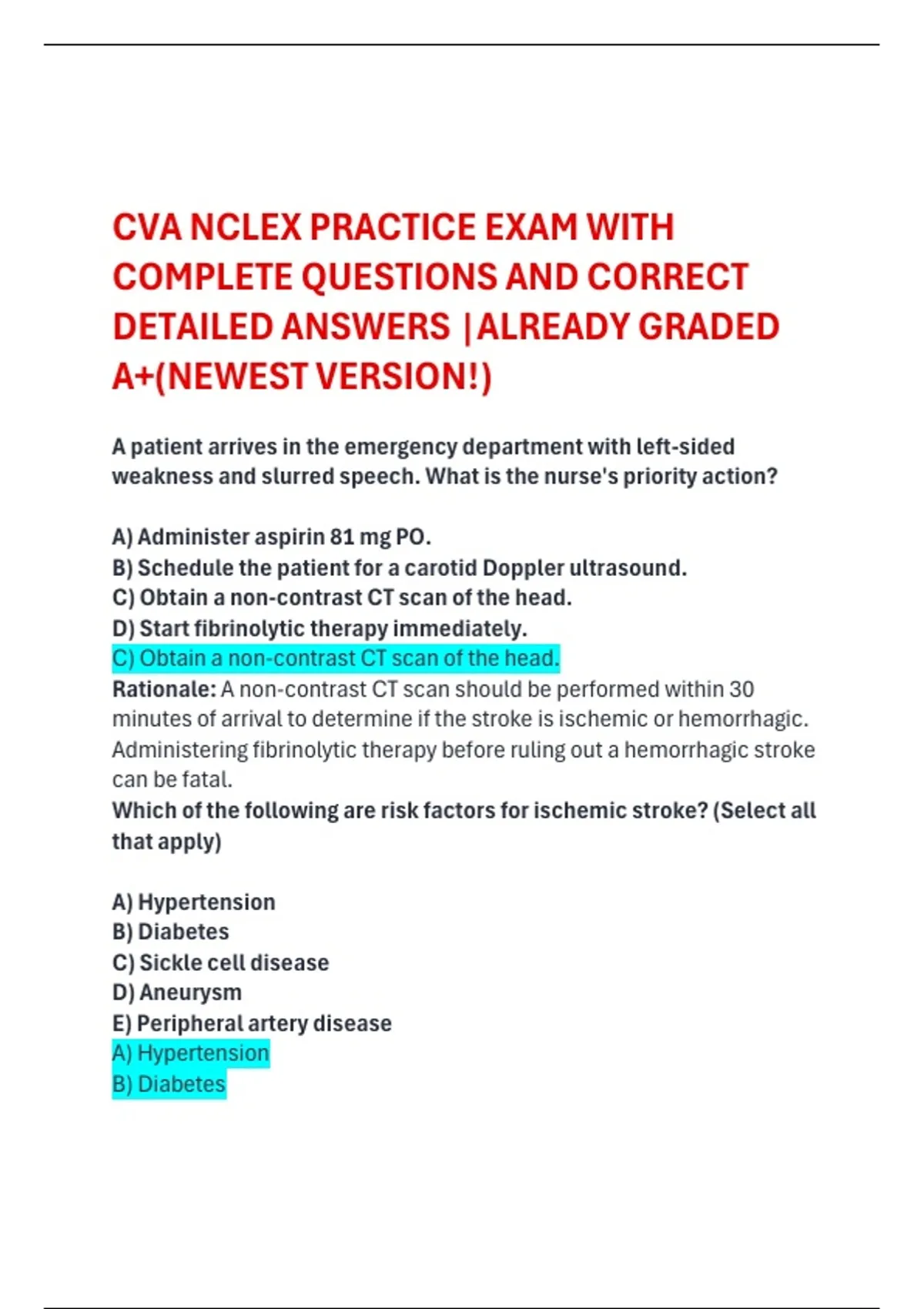 CVA NCLEX PRACTICE EXAM WITH COMPLETE QUESTIONS AND CORRECT DETAILED ...