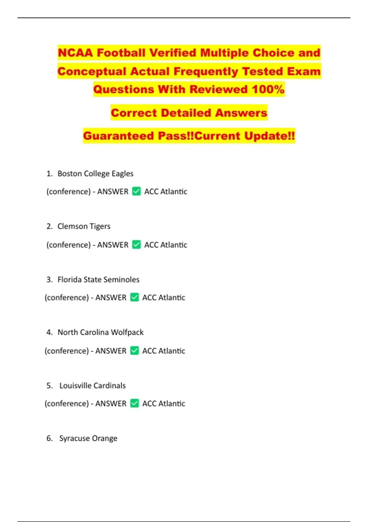 NCAA Football Verified Multiple Choice and Conceptual Actual Frequently ...