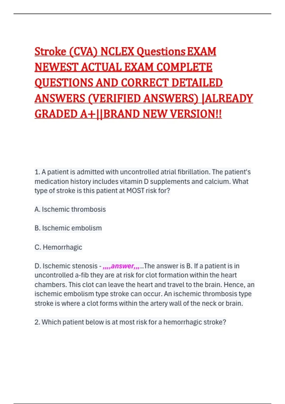 Stroke (CVA) NCLEX Questions EXAM NEWEST ACTUAL EXAM COMPLETE QUESTIONS ...