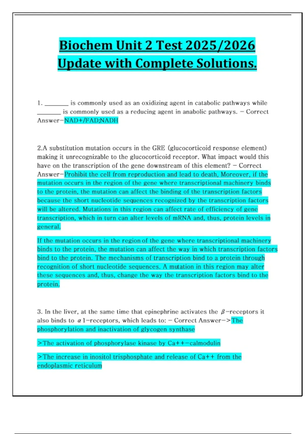 Biochem Unit 2 Test 2025/2026 Update with Complete Solutions. - Biochem ...