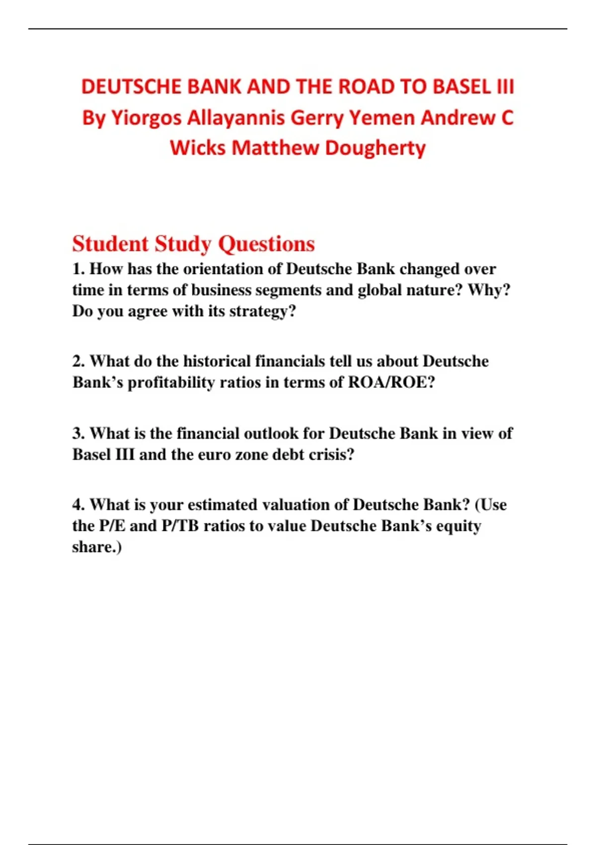 Case Notes/Answers DEUTSCHE BANK AND THE ROAD TO BASEL III by Yiorgos ...