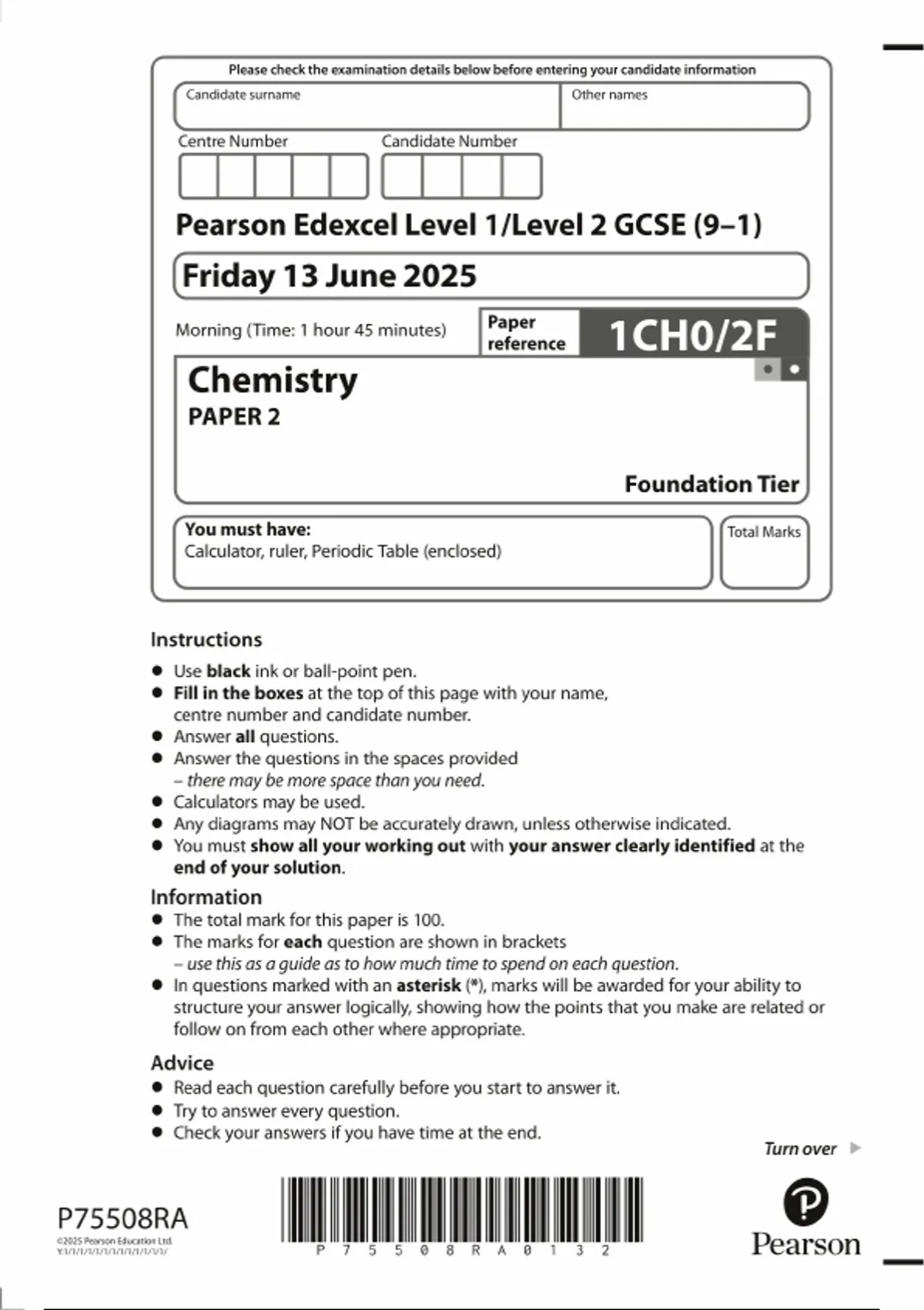 PEARSON EDEXCEL GCSE CHEMISTRY TRIPPLE SCIENCE PAPER 2F QUESTION PAPER ...