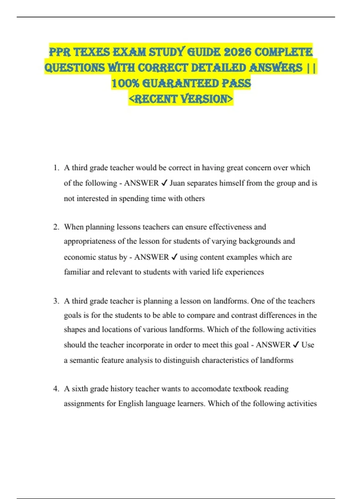 PPR Texes EXAM STUDY GUIDE 2026 COMPLETE QUESTIONS WITH CORRECT ...