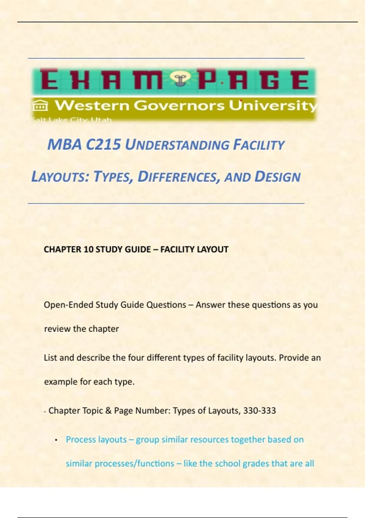 MBA C215 UNDERSTANDING FACILITY LAYOUTS: TYPES, DIFFERENCES, AND DESIGN CHAPTER 10 STUDY GUIDE ...