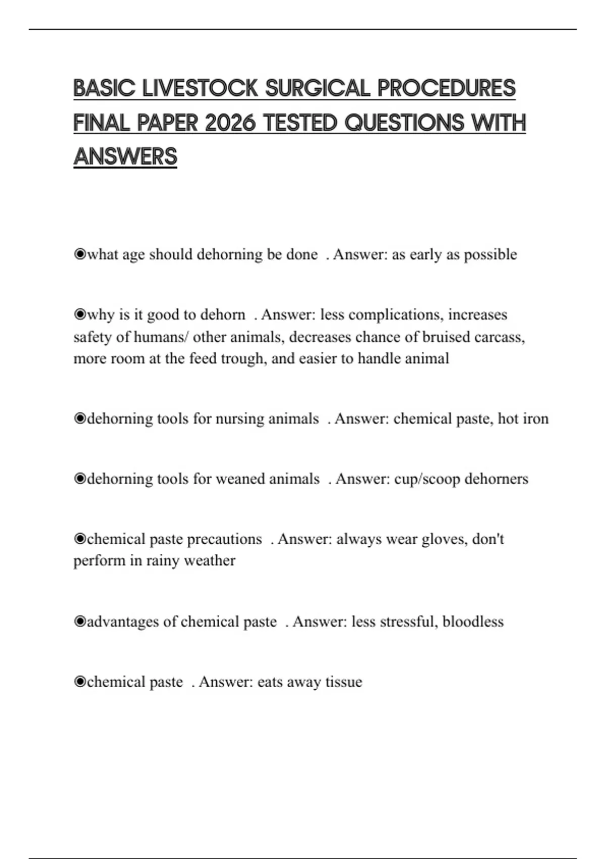 BASIC LIVESTOCK SURGICAL PROCEDURES FINAL PAPER 2026 TESTED QUESTIONS ...