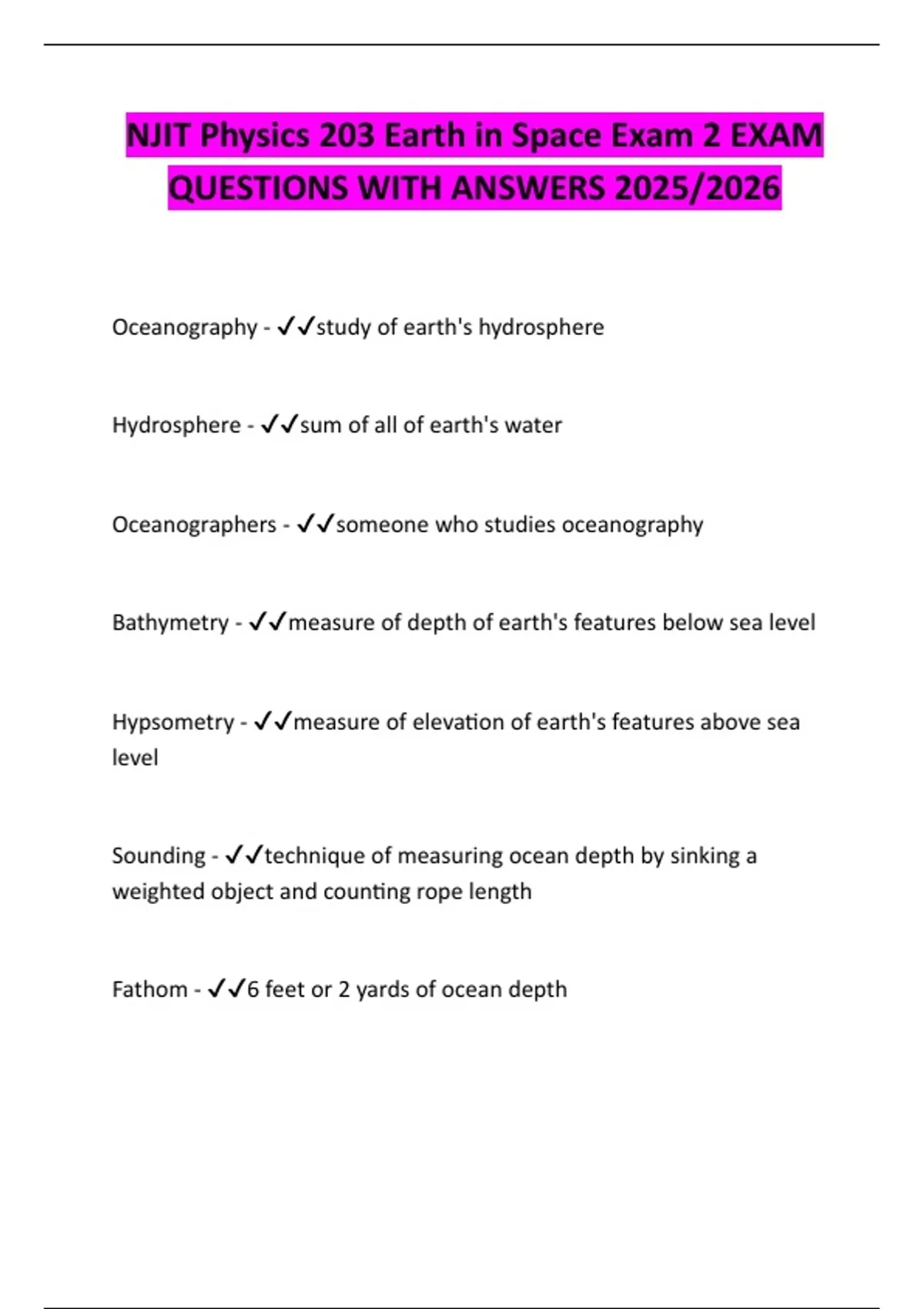 NJIT Physics 203 Earth in Space Exam 2 EXAM QUESTIONS WITH ANSWERS 2025 ...