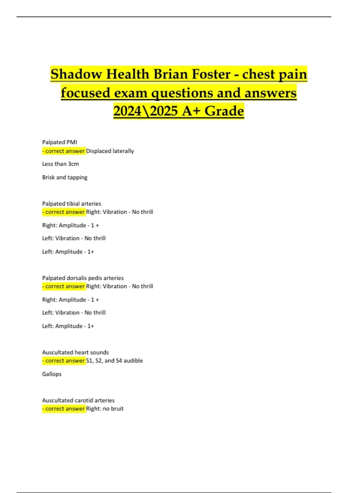 Shadow Health – Brian Foster: Chest Pain Focused Exam | Verified ...