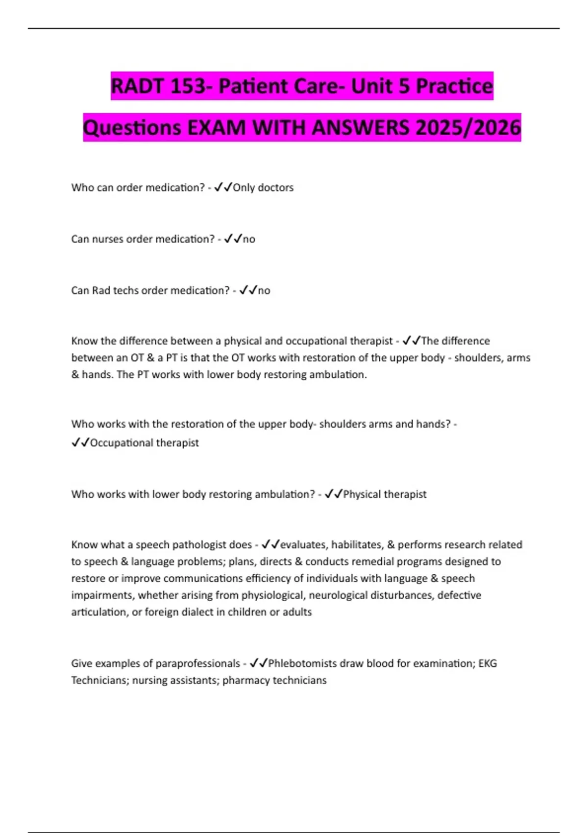 RADT 153- Patient Care- Unit 5 Practice Questions EXAM WITH ANSWERS ...