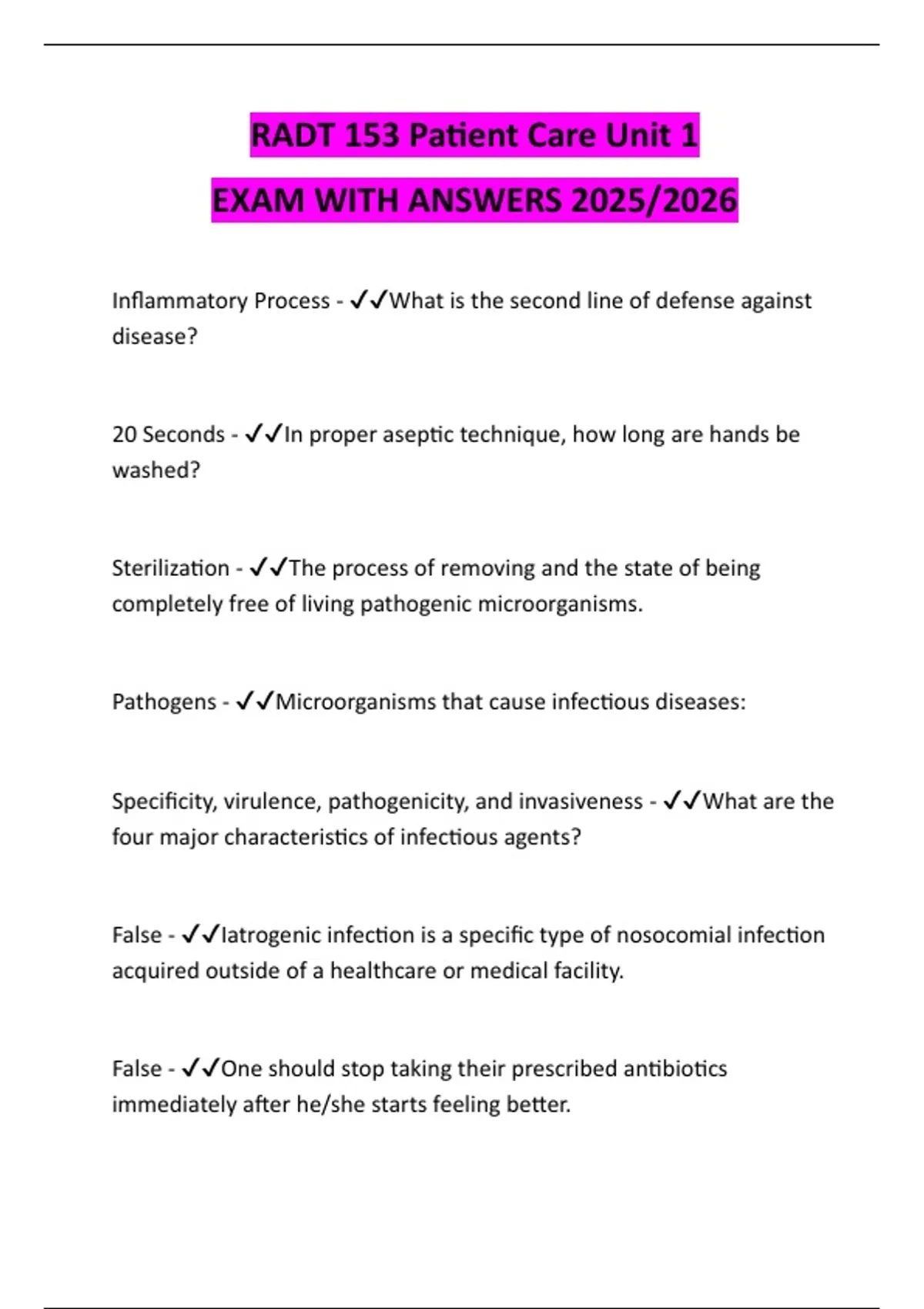 RADT 153 Patient Care Unit 1 EXAM WITH ANSWERS 2025/2026 - RADT 153 ...