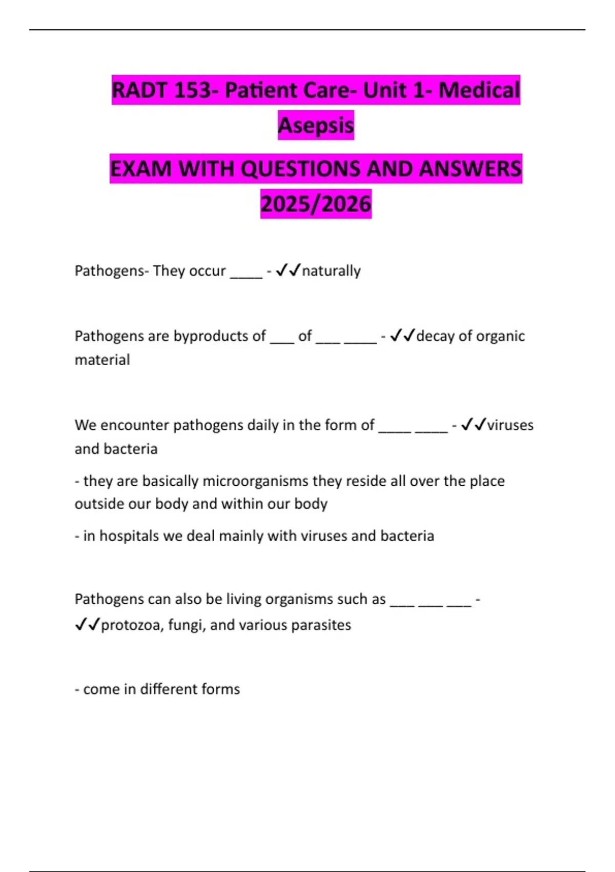 RADT 153- Patient Care- Unit 1- Medical Asepsis EXAM WITH QUESTIONS AND ...