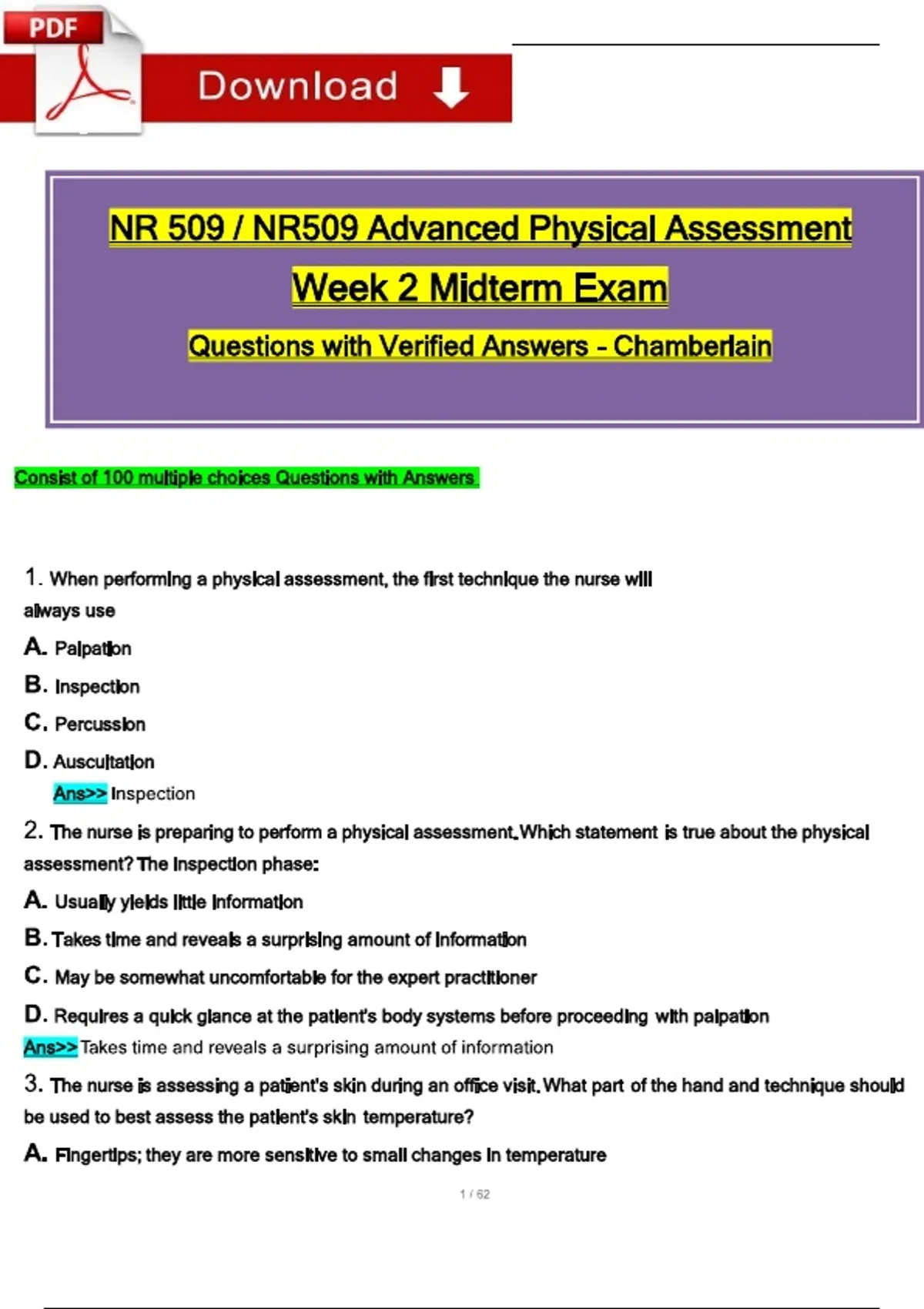 NR 509 Week 2 Midterm Exam | Advanced Physical Assessment | Chamberlain | Verified Questions ...