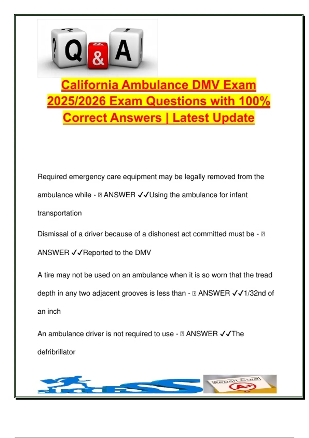 California Ambulance DMV Exam – 2025/2026 – 50+ Verified Questions on ...