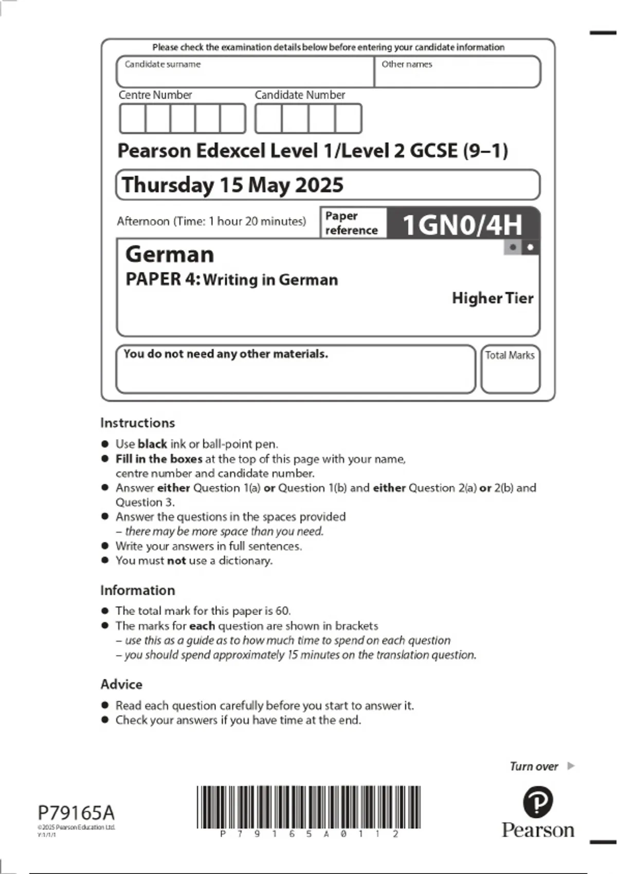 2025 Pearson Edexcel Level 1/Level 2 GCSE (9–1) Thursday 15 May 2025 ...