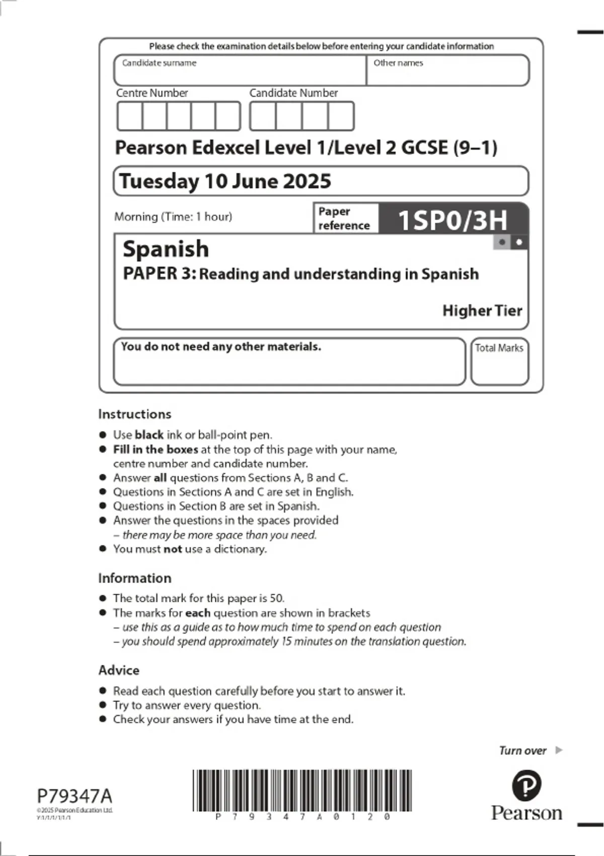 2025 Pearson Edexcel Level 1/Level 2 GCSE (9–1) Spanish PAPER 3 ...