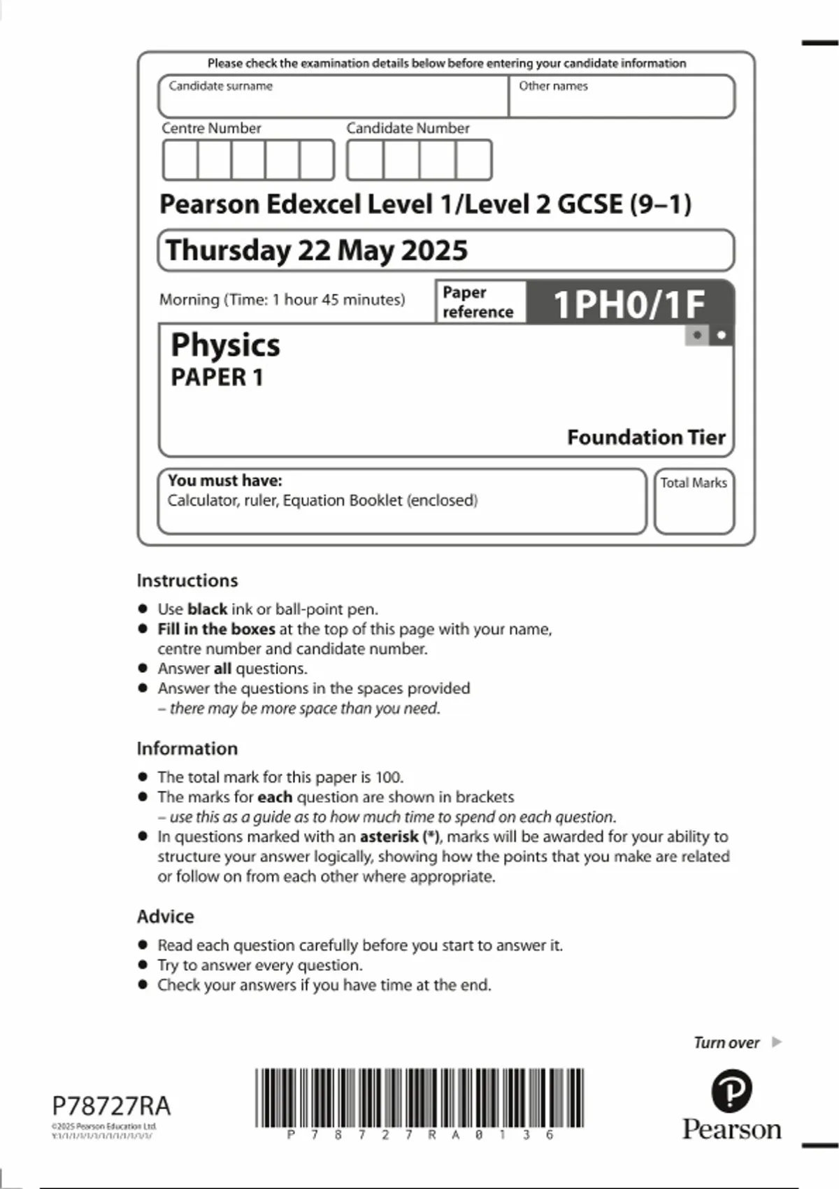 PEARSON EDEXCEL TRIPPLE SCIENCE PHYSICS PAPER 1 QUESTION PAPER 2025 ...