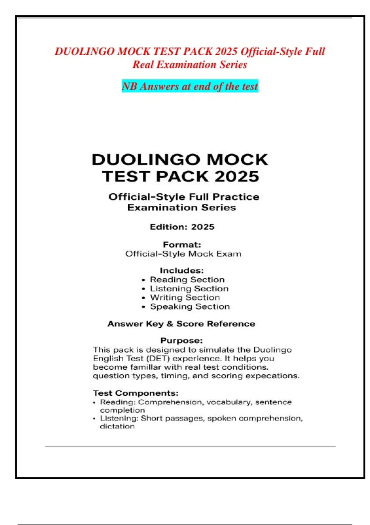 PDF***Duolingo Mock Test Pack 2025 – Official-Style Full Real ...