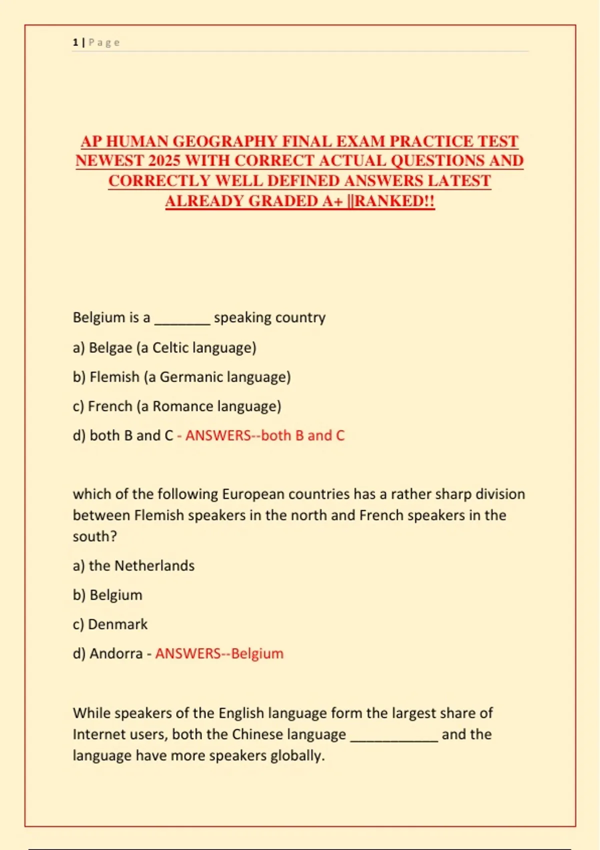 AP HUMAN GEOGRAPHY FINAL EXAM PRACTICE TEST NEWEST 2025 WITH CORRECT ...