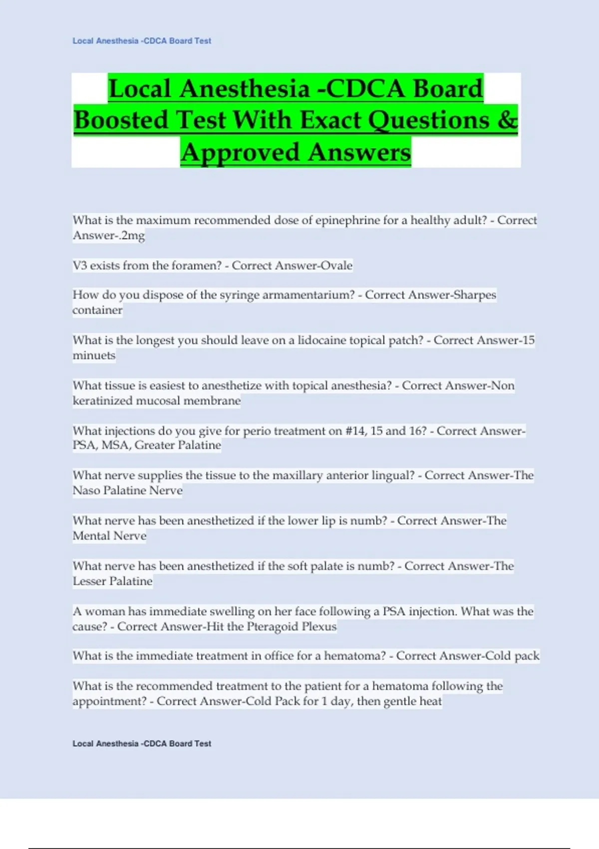 Test Bundle For Local Anesthesia -CDCA Board Exam With Verified ...