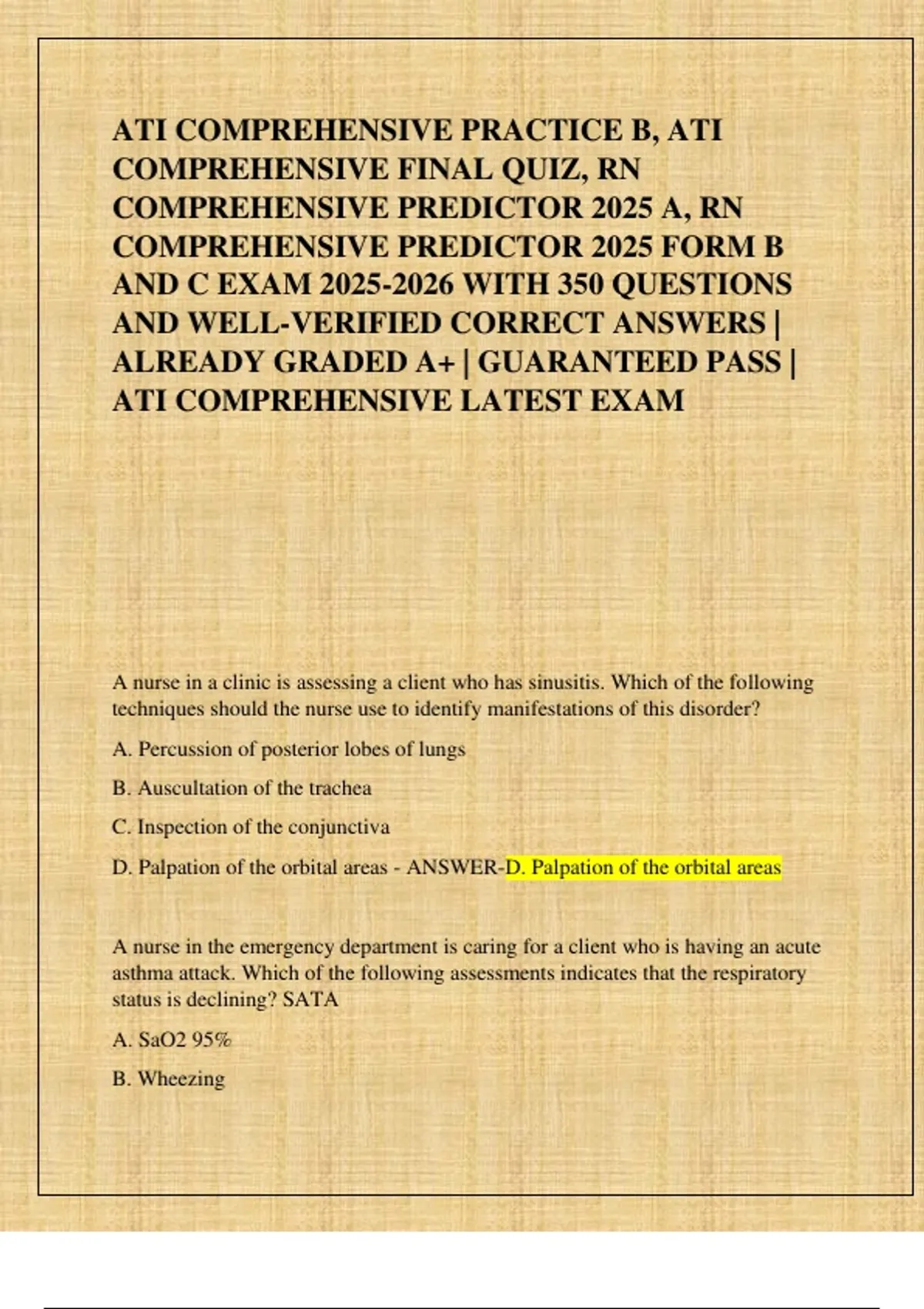 ATI COMPREHENSIVE PRACTICE B, ATI COMPREHENSIVE FINAL QUIZ, RN ...