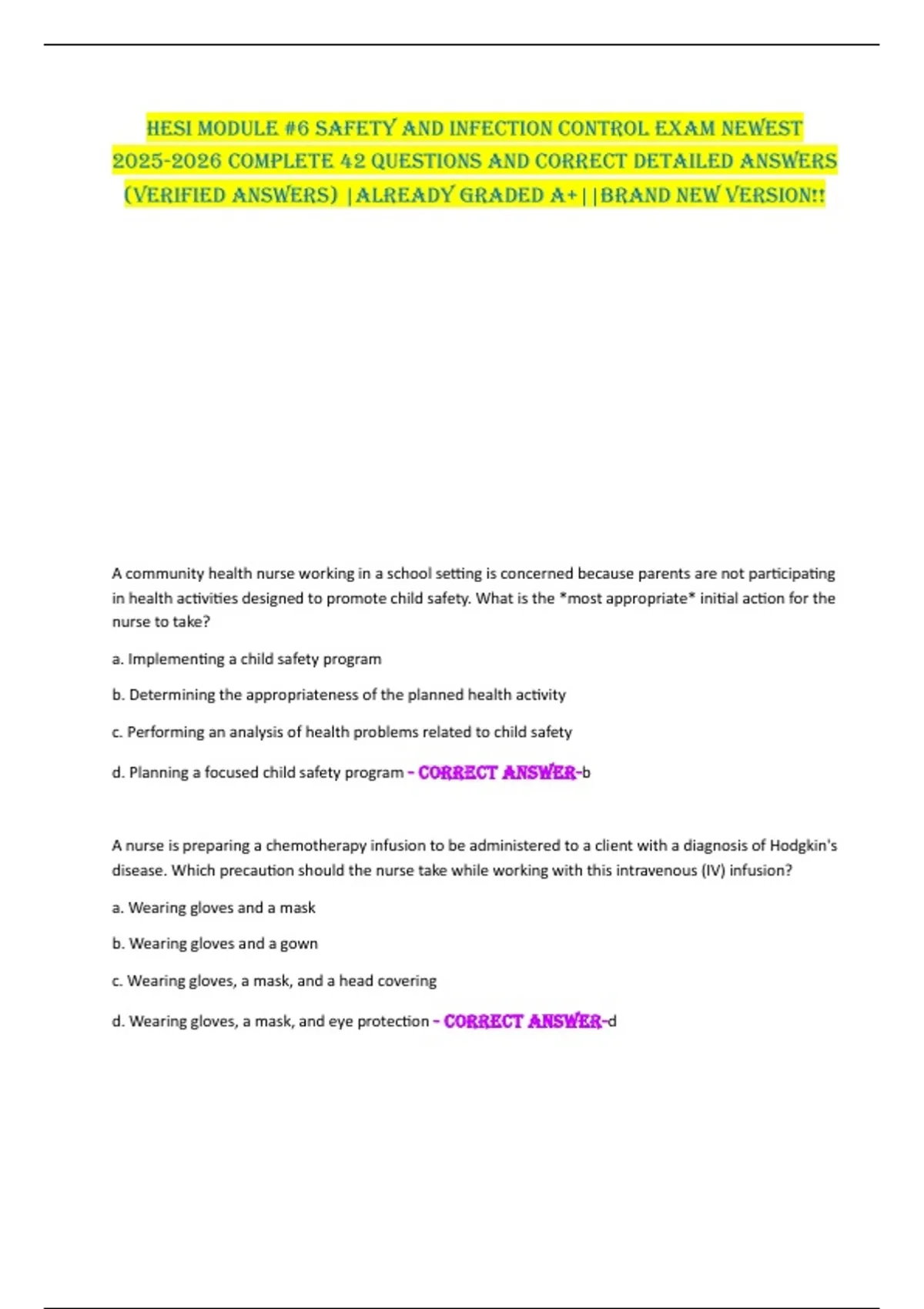 HESI MODULE #6 SAFETY AND INFECTION CONTROL EXAM NEWEST COMPLETE 42 ...