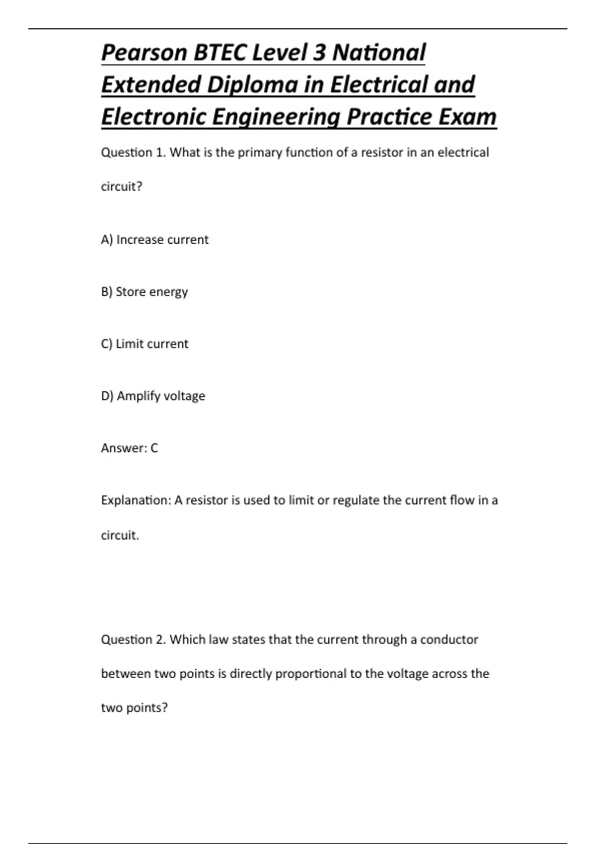 Pearson BTEC Level 3 National Extended Diploma in Electrical and Electronic Engineering Practice ...