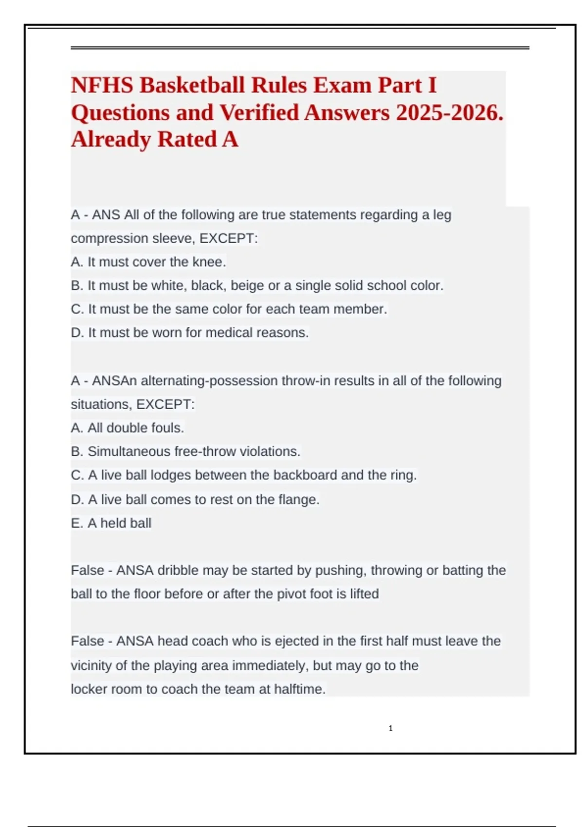 NFHS Basketball Rules Exam Part I Questions and Verified Answers ...