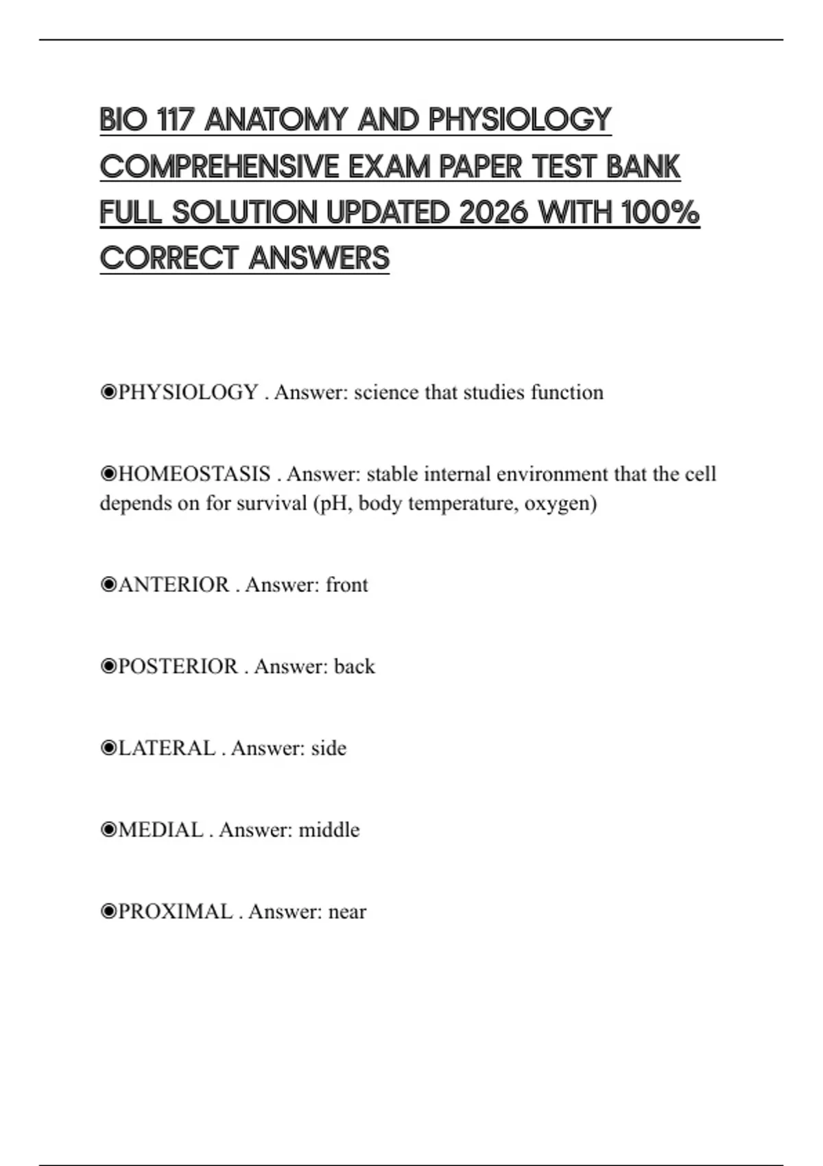 BIO 117 ANATOMY AND PHYSIOLOGY COMPREHENSIVE EXAM PAPER TEST BANK FULL ...