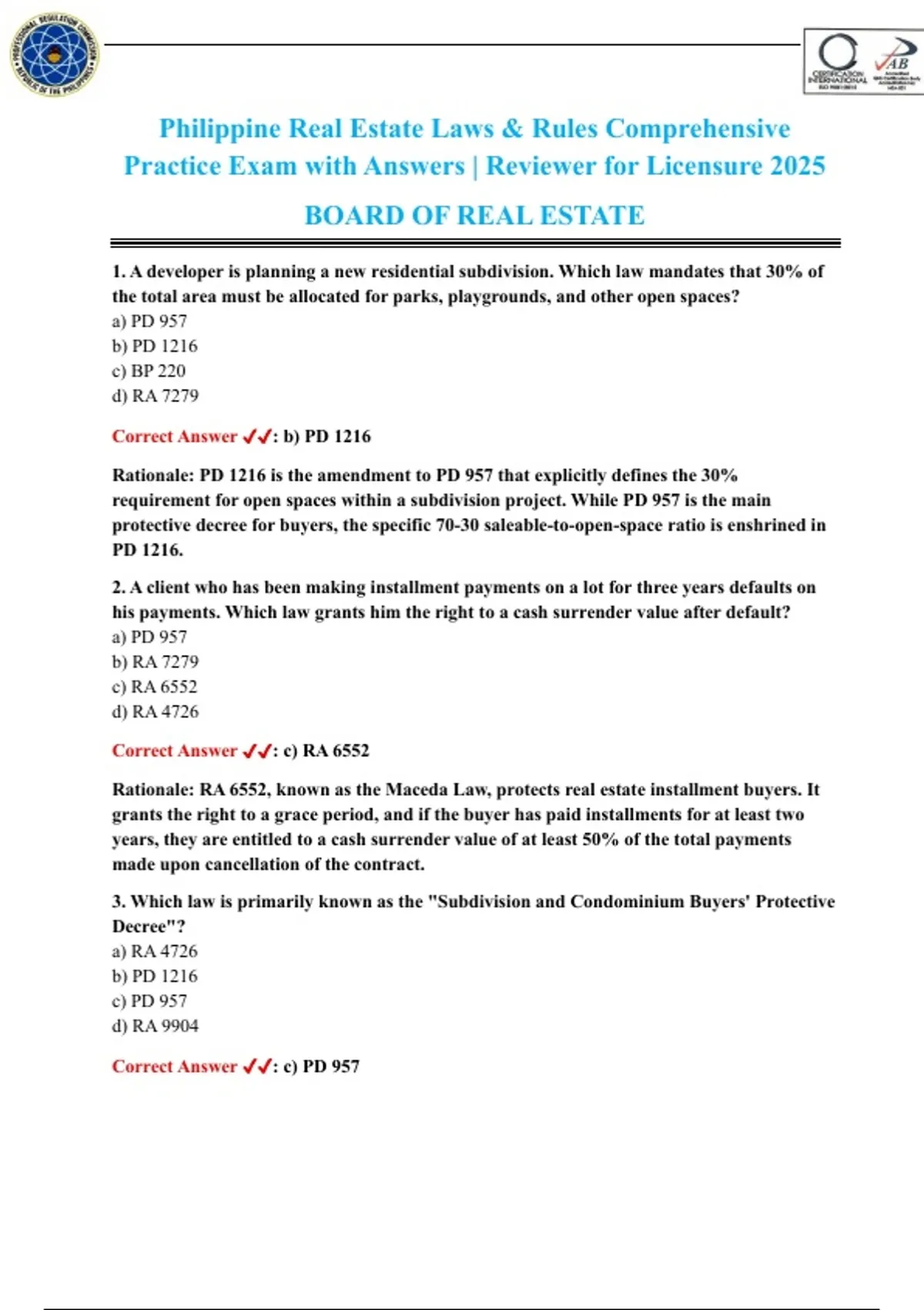 Philippine Real Estate Laws & Rules Comprehensive Practice Exam with ...